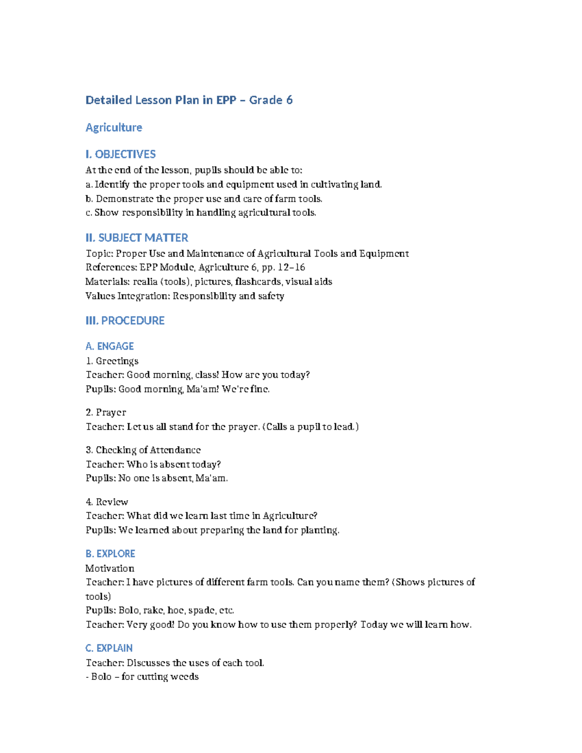 EPP Grade 6 Detailed Lesson Plan: Proper Use of Agri Tools - Studocu