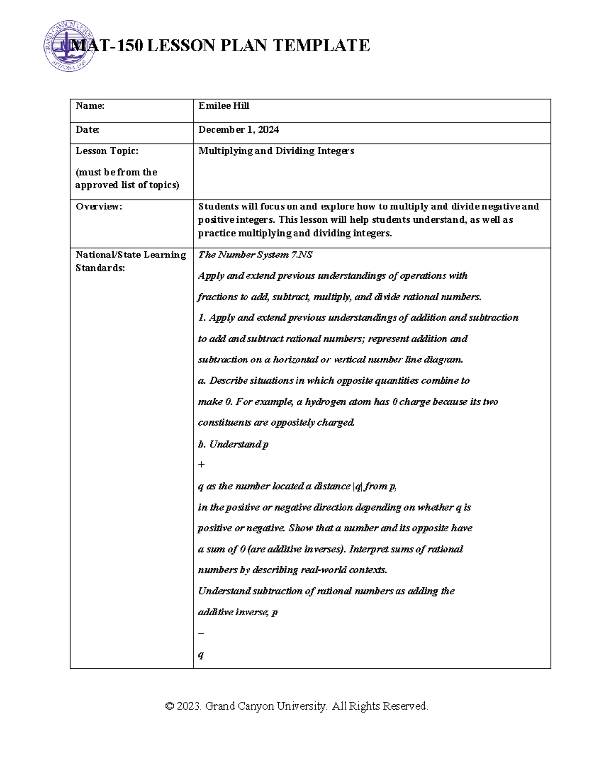 MAT-150 Lesson Plan Template - Name: Emilee Hill Date: December 1, 2024 ...
