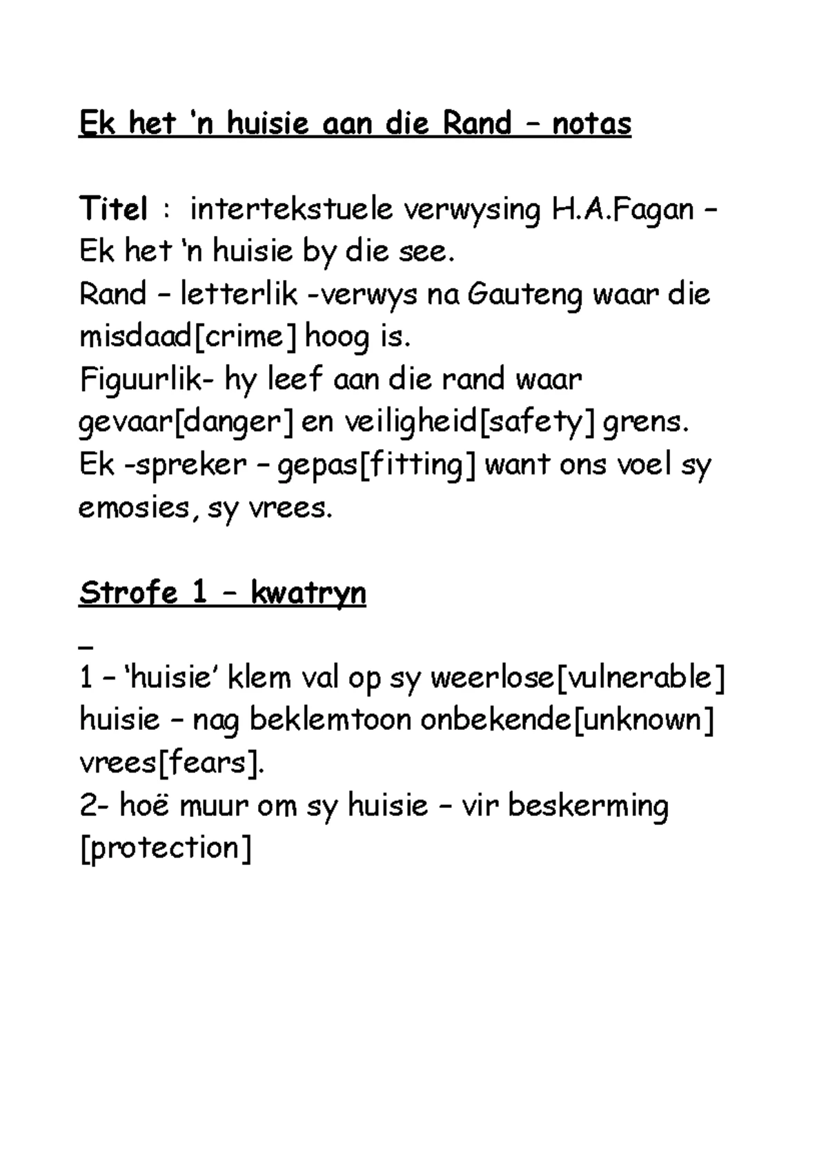 Snoek Gedig Aantekeninge en Vrae - Barend Toerien Analise - Studocu