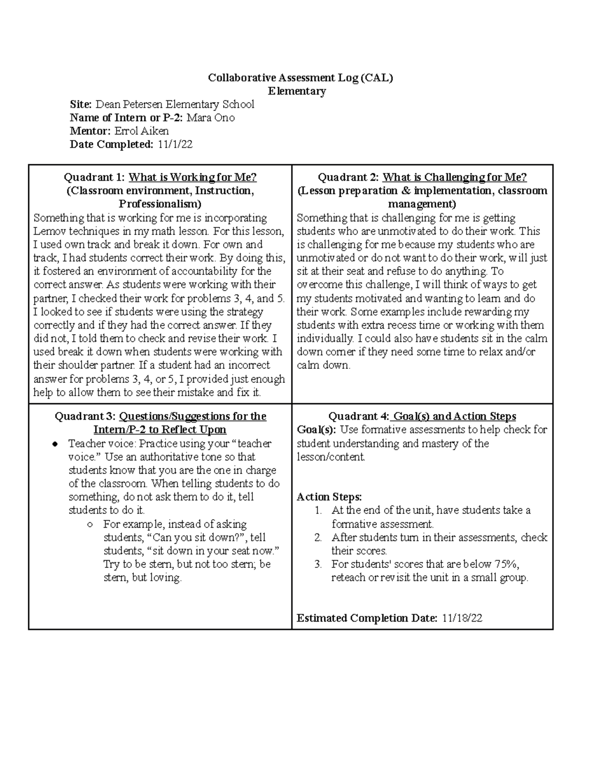 CAL #4 - Collaborative Assessment Log Reflection for Interns - Studocu