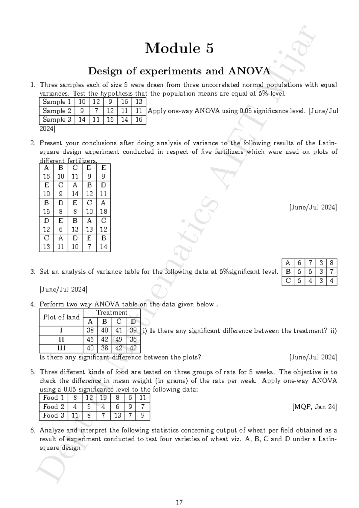 Module-5 Question Bank on ANOVA and Experimental Design (BCS301) - Studocu