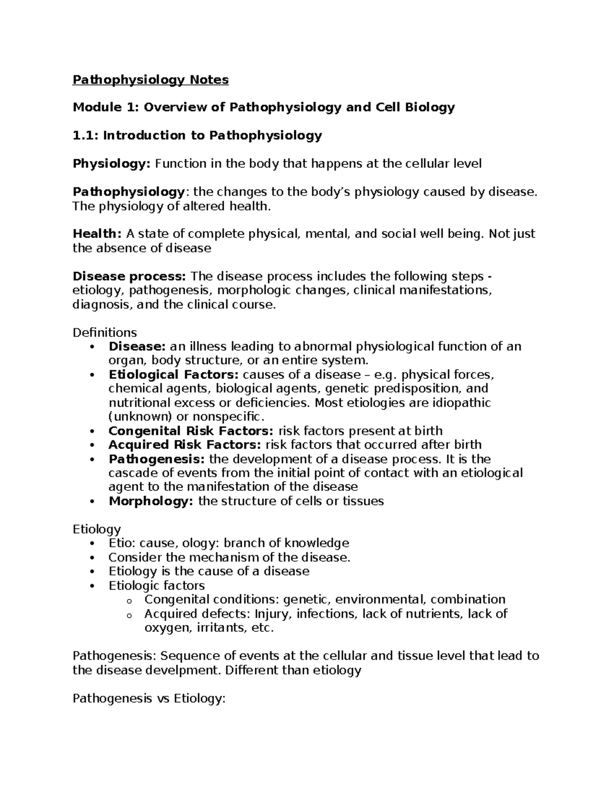 Pathophysiology Module 1 Notes: Overview & Key Concepts - Studocu
