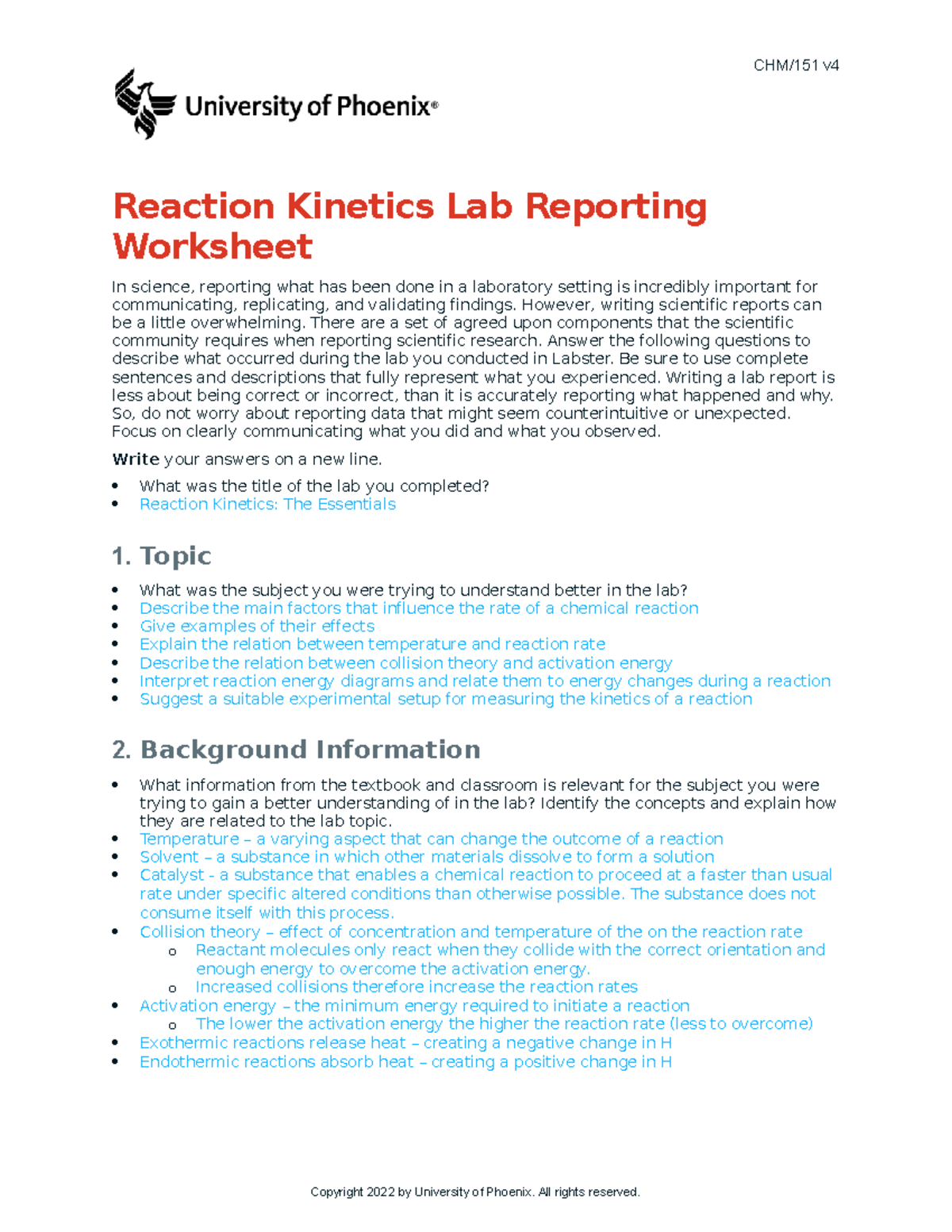 Week 6 Kinetics Lab Report - CHM/151 v Reaction Kinetics Lab Reporting ...