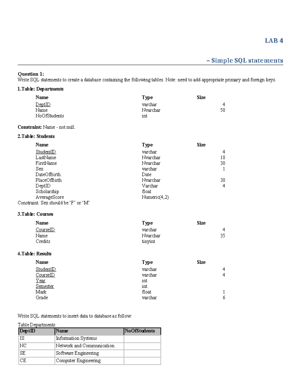 LAB 4: SQL Statements for Database Creation and Data Insertion - Studocu