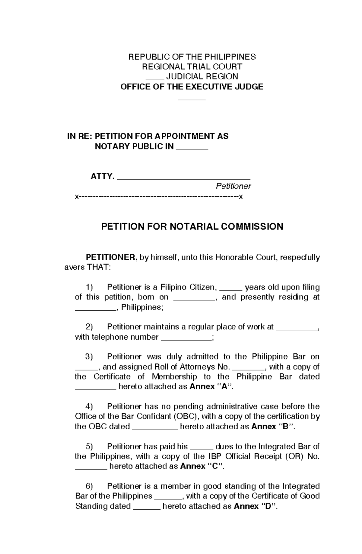 Petition for Notarial Commission Template (Philippine Court) - Studocu