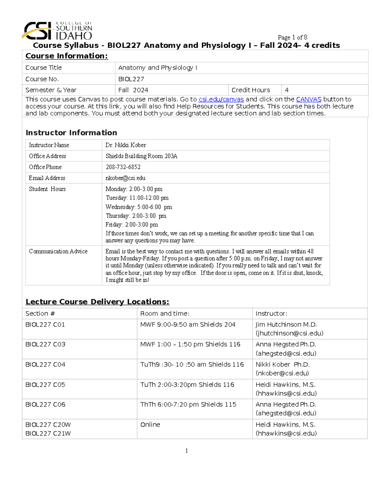 BIOL 227 Anatomy and Physiology I Syllabus - Fall 2024 - Studocu