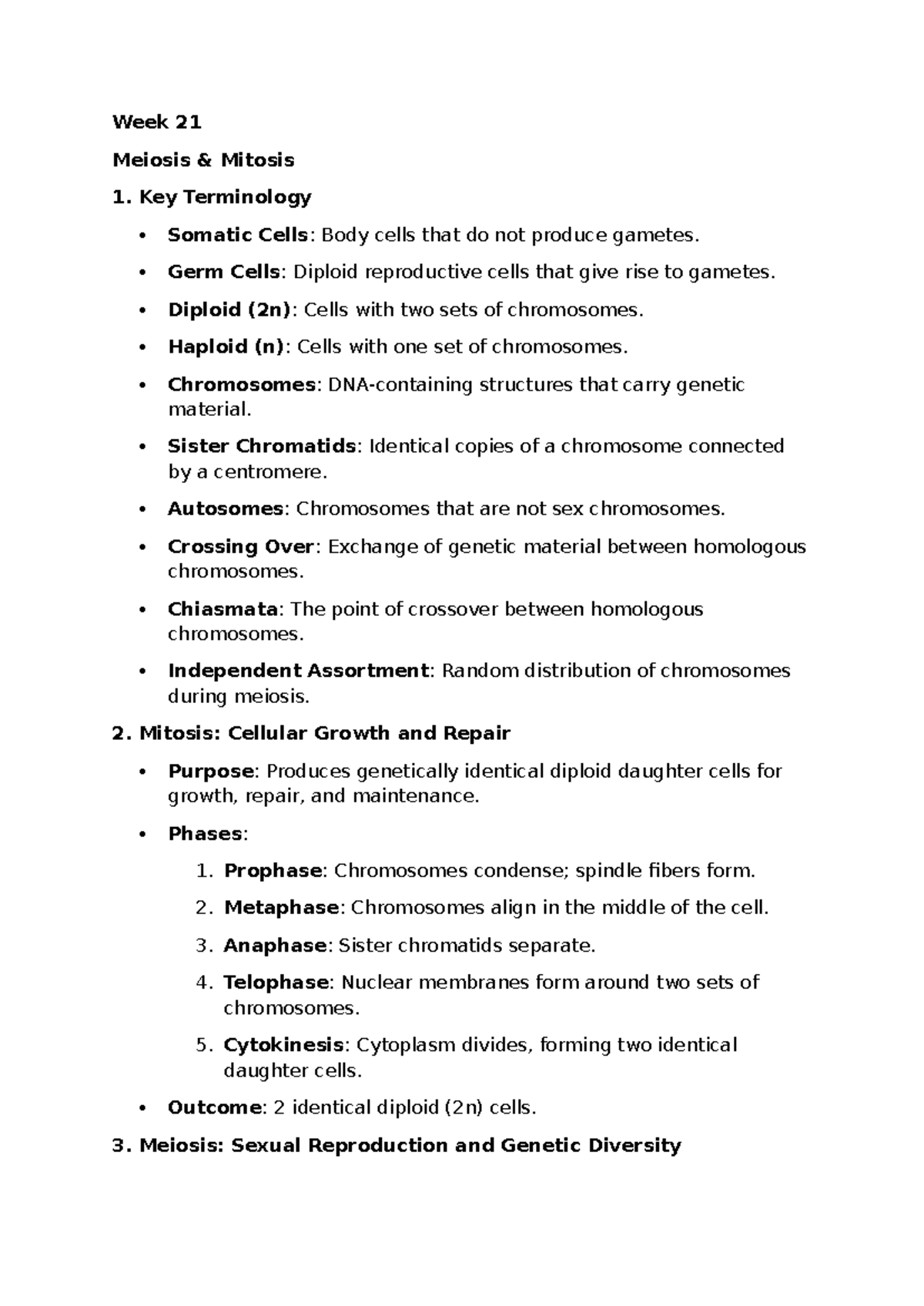Week 21 notes Bio 1002 - Week 21 Meiosis & Mitosis 1. Key Terminology ...
