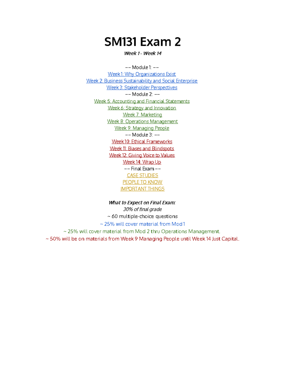 SM131 Final Exam Review: Key Topics and Case Studies Insights - Studocu