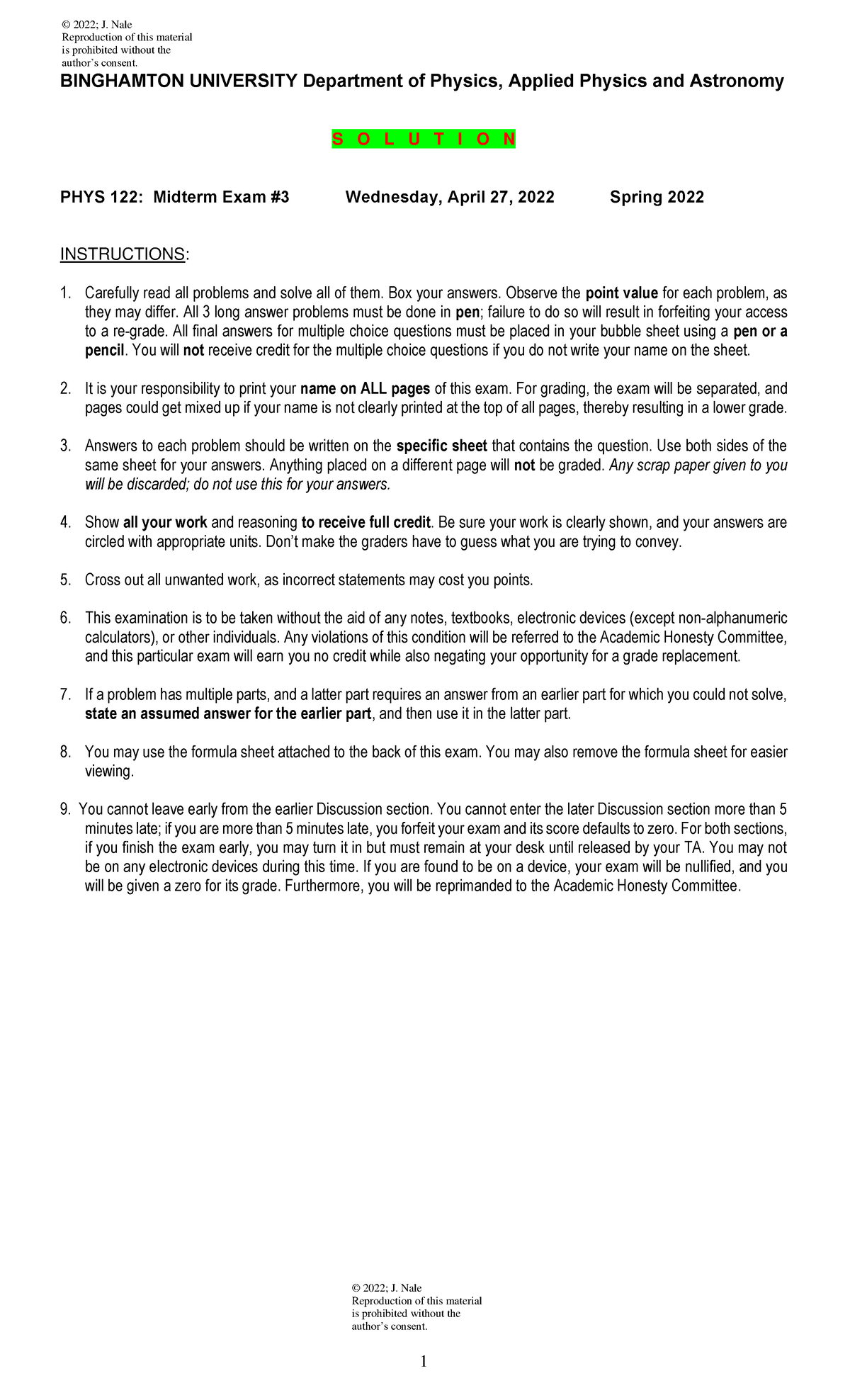 PHYS 122: Midterm Exam #3 Solutions - Spring 2022 - Studocu