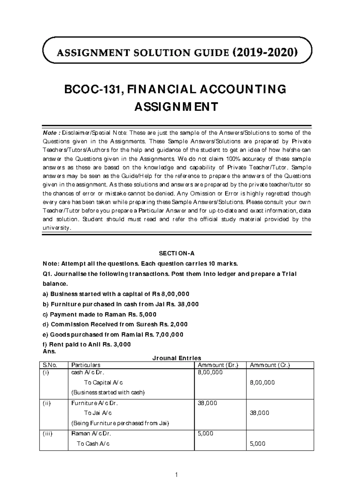 BCOC-131 Financial Accounting (Previous Year Question Paper) - BCOC-131 ...