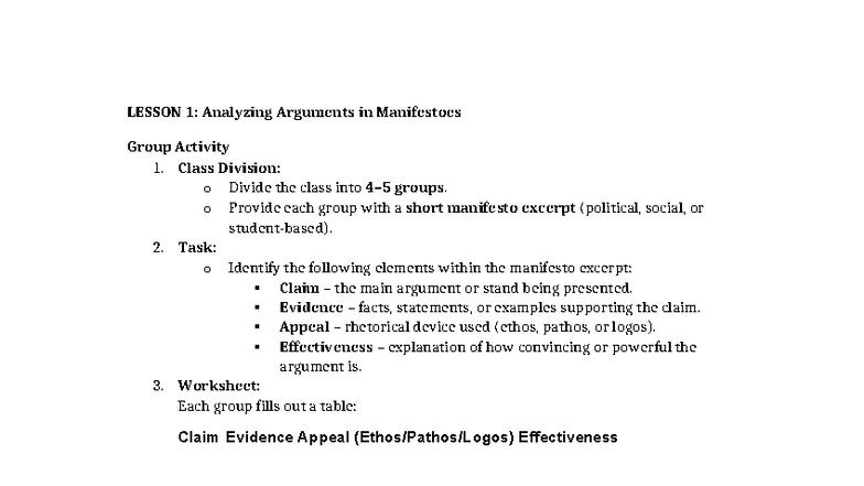 LESSON 1: Analyzing Arguments in Manifestoes - Group Activity Guide ...