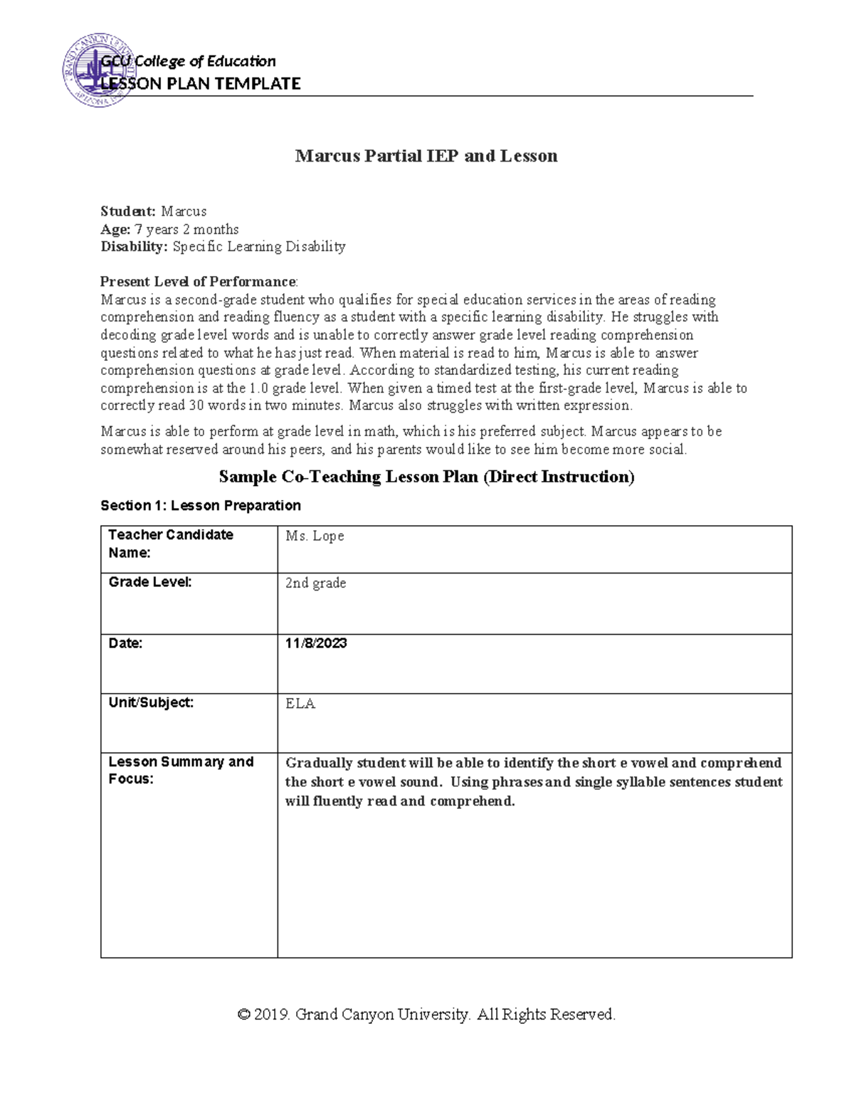 SPD-550 Marcus Partial IEP & ELA Lesson Plan for Reading Vowels - Studocu