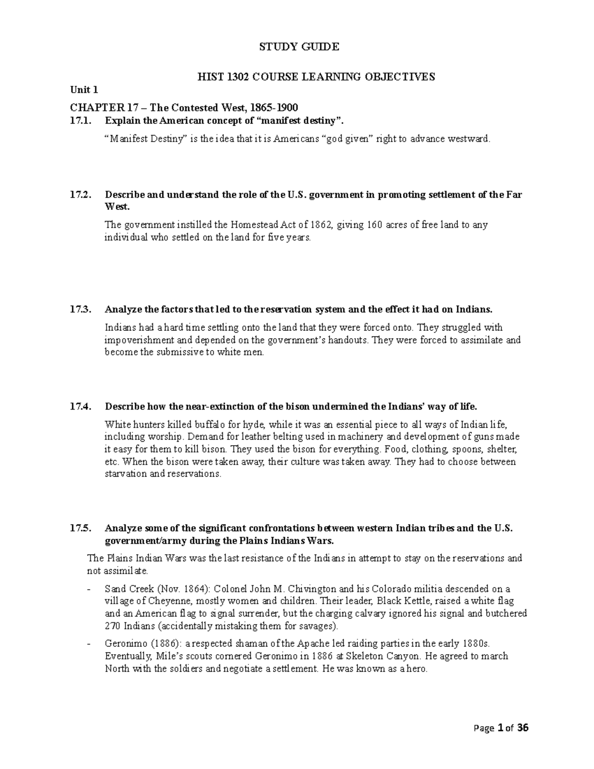 Hist 1302 Study Guide with Objectives 2 - STUDY GUIDE HIST 1302 COURSE LEARNING OBJECTIVES Unit ...