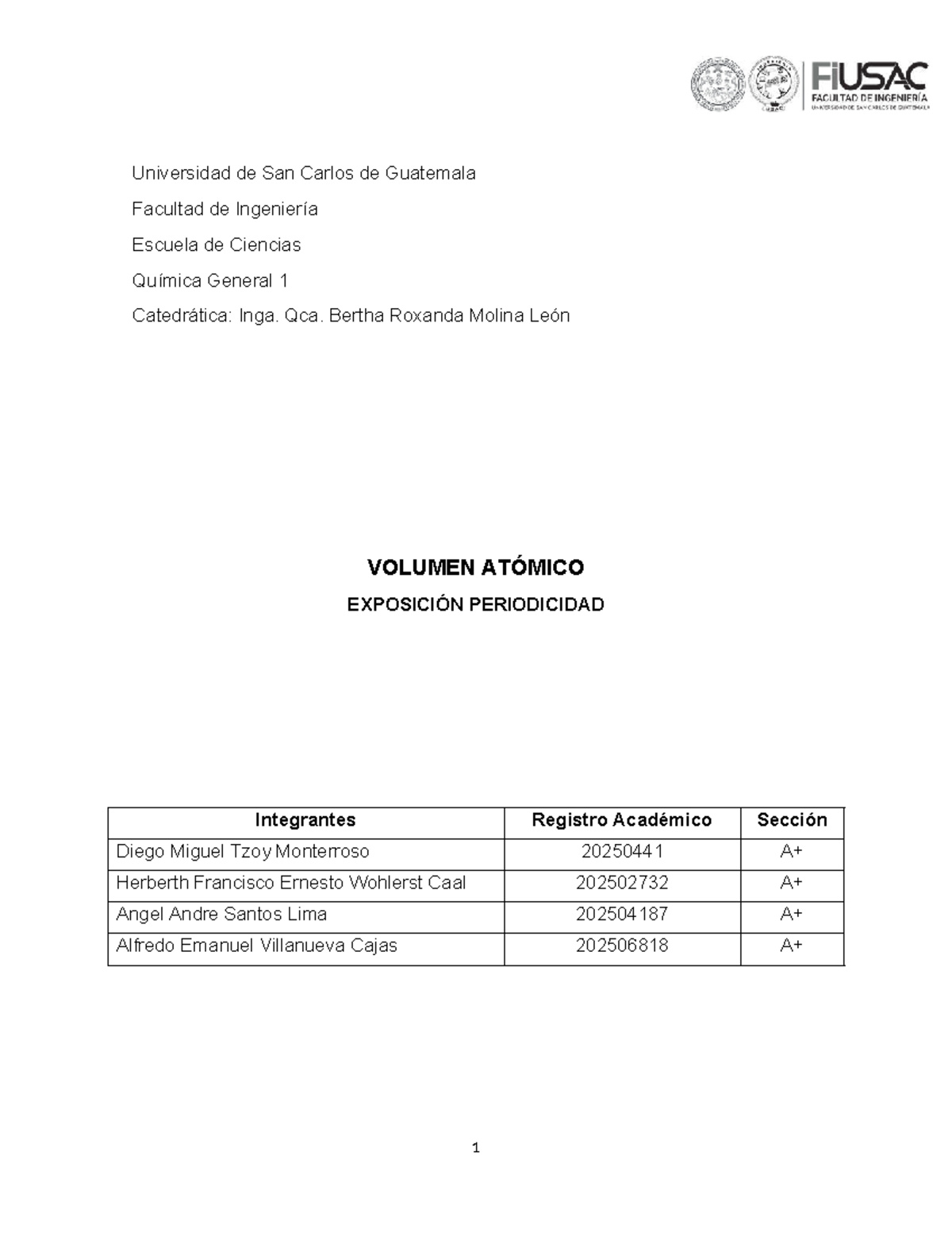 Volumen Atómico y Periodicidad en Química General 1 - USAC - Studocu