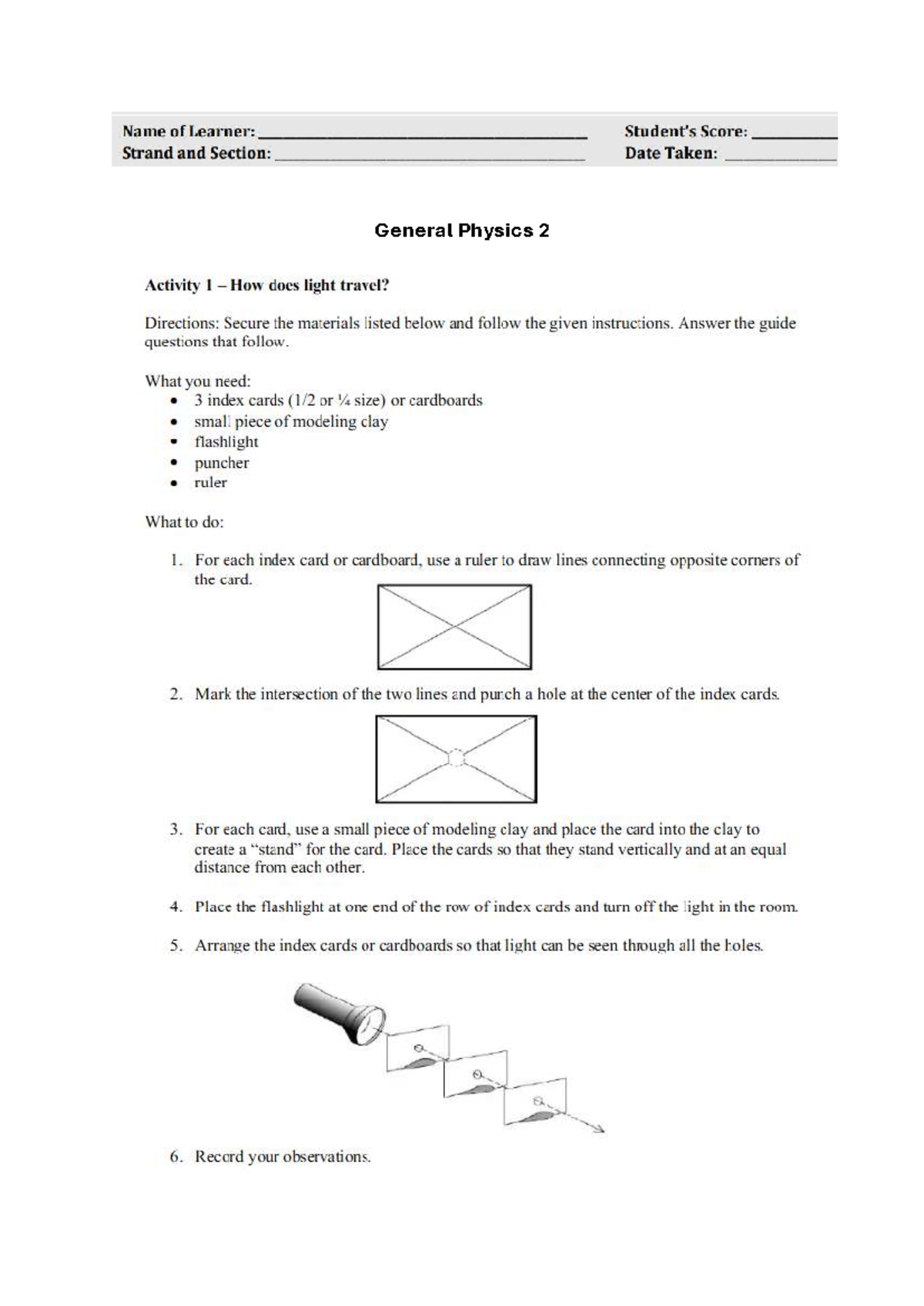 General Physics 2 Activity Sheet 1: Exploring Light Travel - Studocu