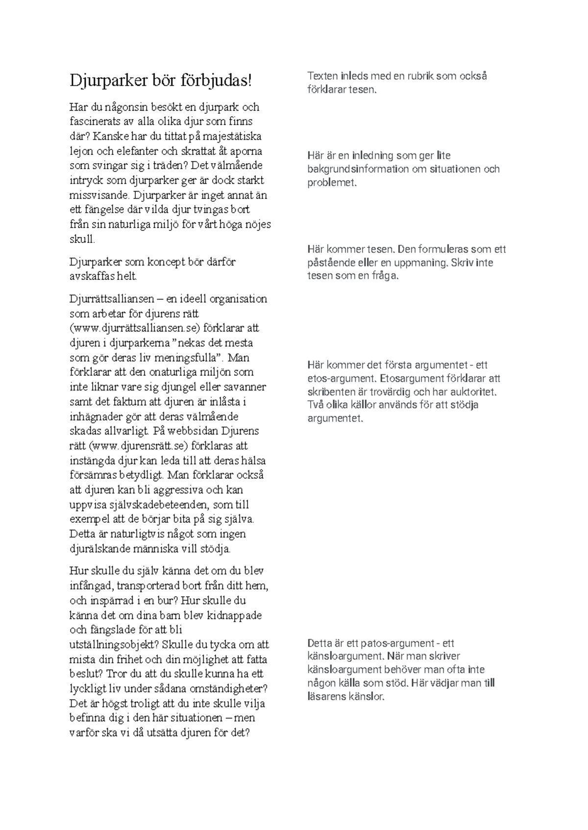 Djurparker: Argumenterande Text om Förbud och Djurens Rättigheter - Studocu