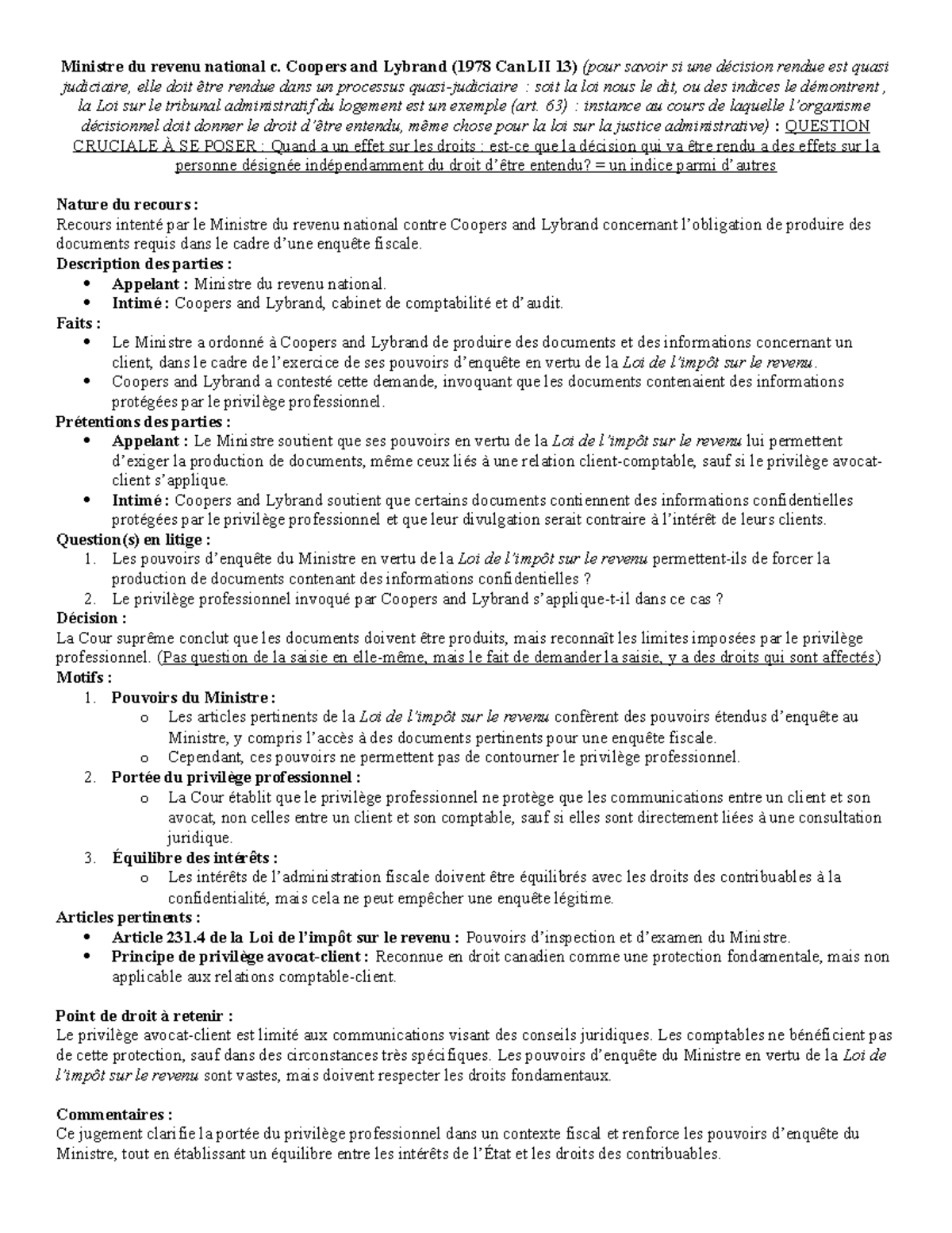 Analyse de l'affaire Ministre du revenu national c. Coopers et Lybrand ...