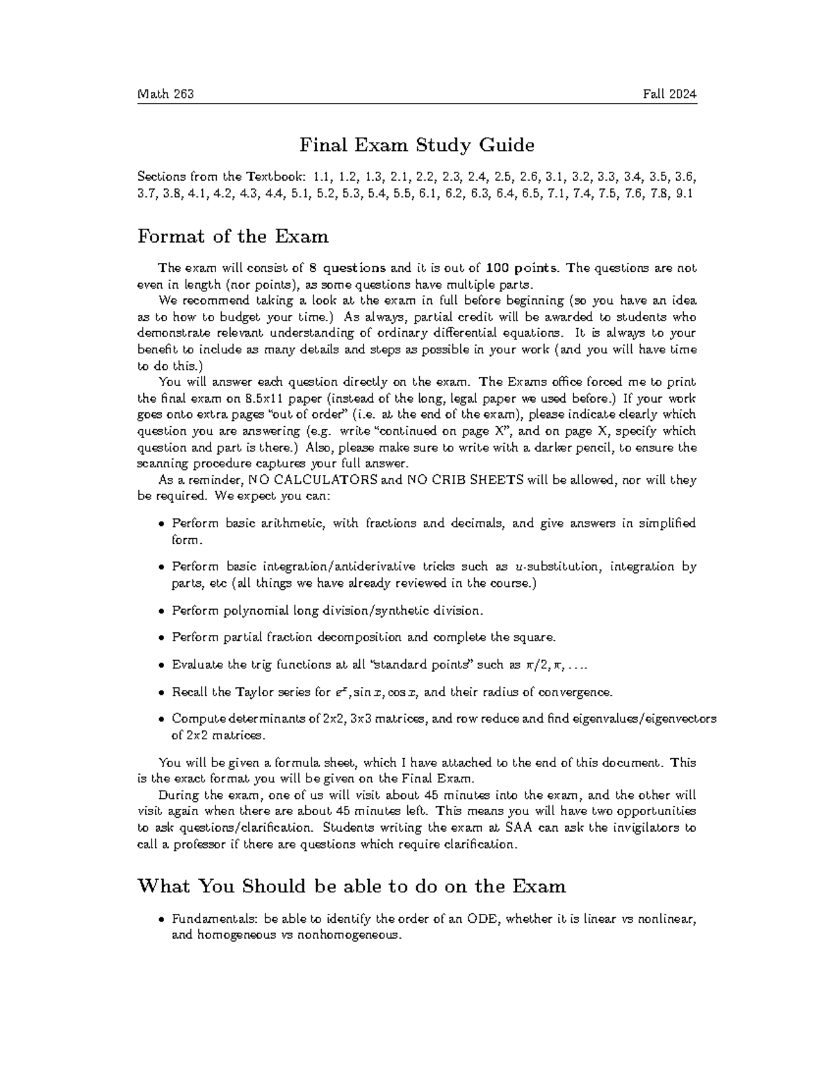 Math 263 Fall 2024 Final Exam Study Guide: Key Topics & Tips - Studocu