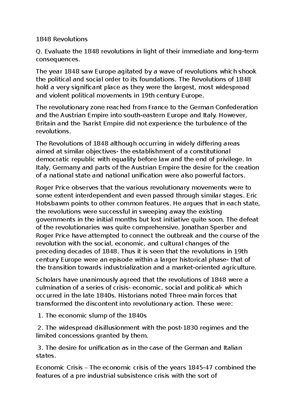 1848 Revolutions: Analyzing Causes and Consequences of Uprisings - Studocu