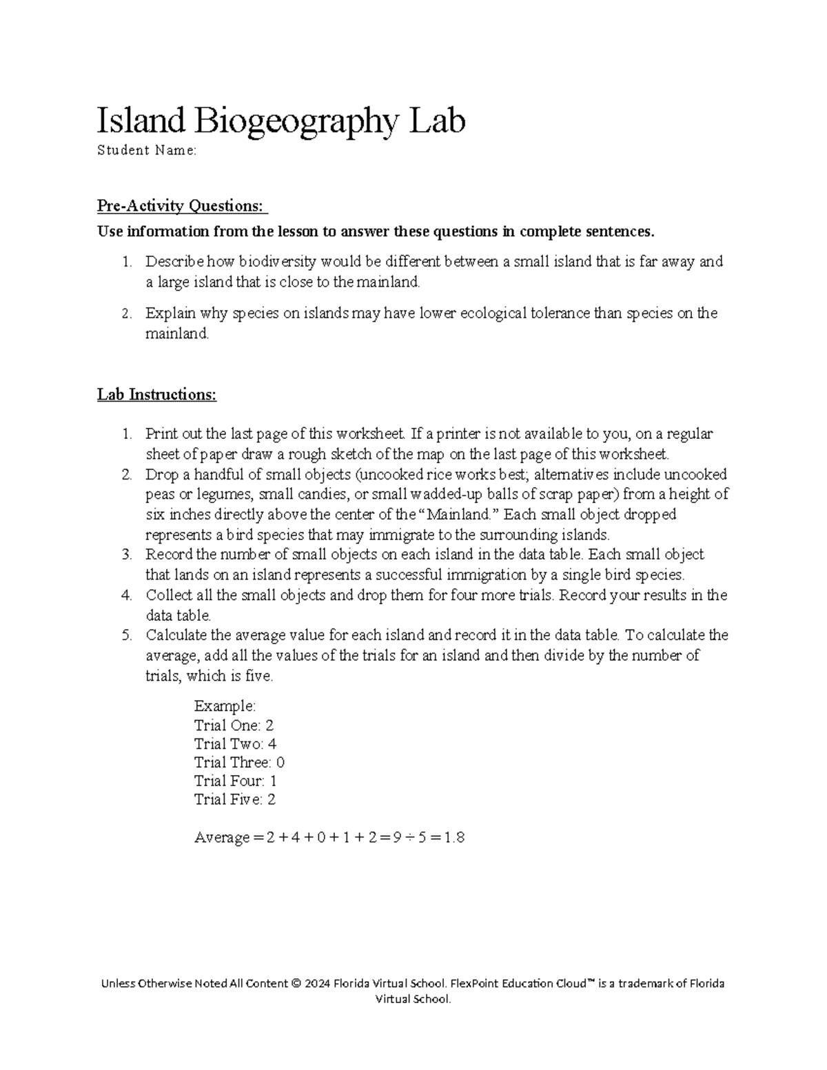 02 02 worksheet - need it done - Island Biogeography Lab Student Name ...
