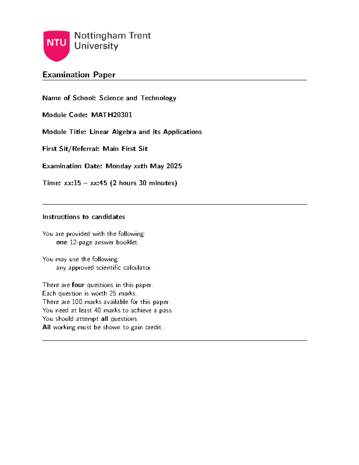MATH20301 Final Exam: Linear Algebra & Applications 2024-25 - Studocu