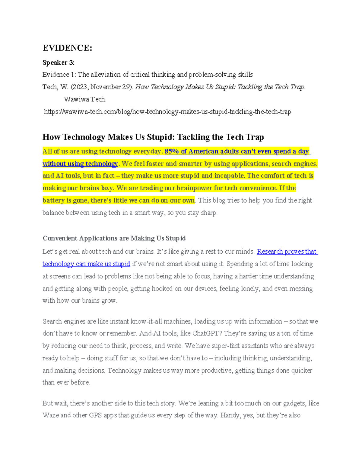 Evidence 3 - some information for the debate - EVIDENCE: Speaker 3 ...