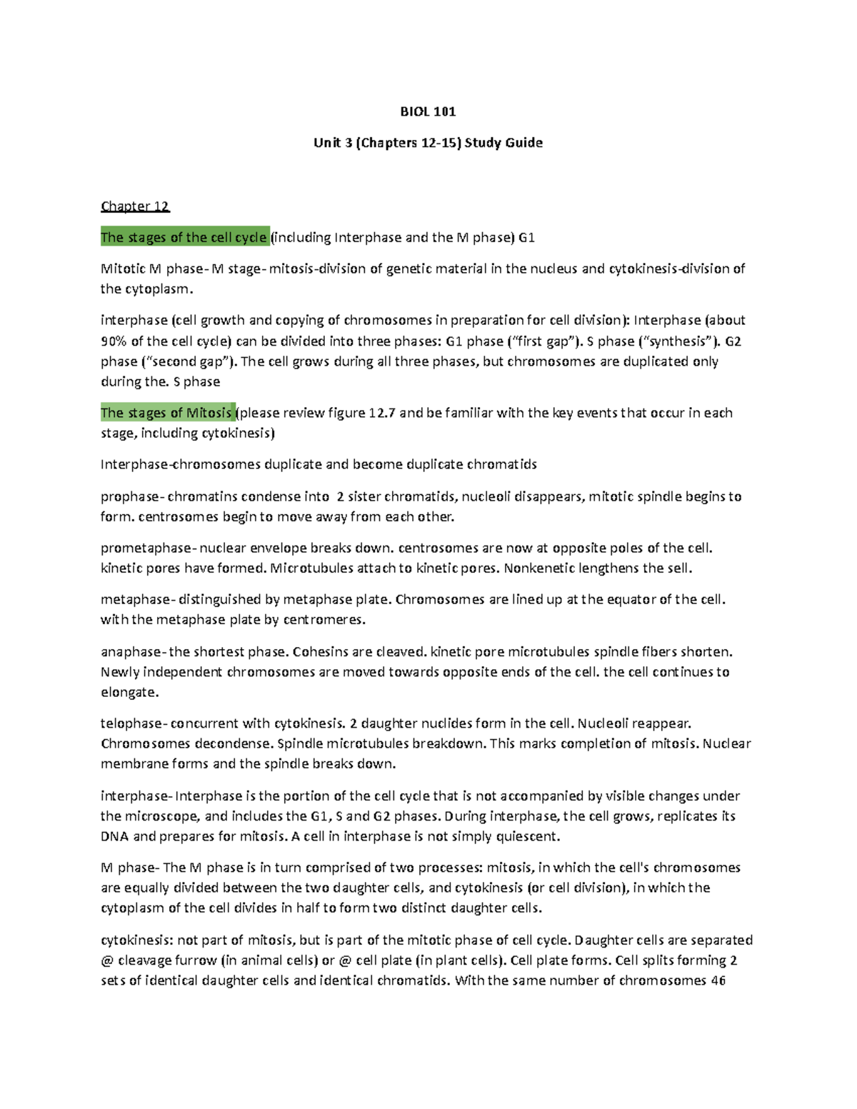 BIOL 101 Exam 3 Study Guide: Chapters 12-15 Overview - Studocu