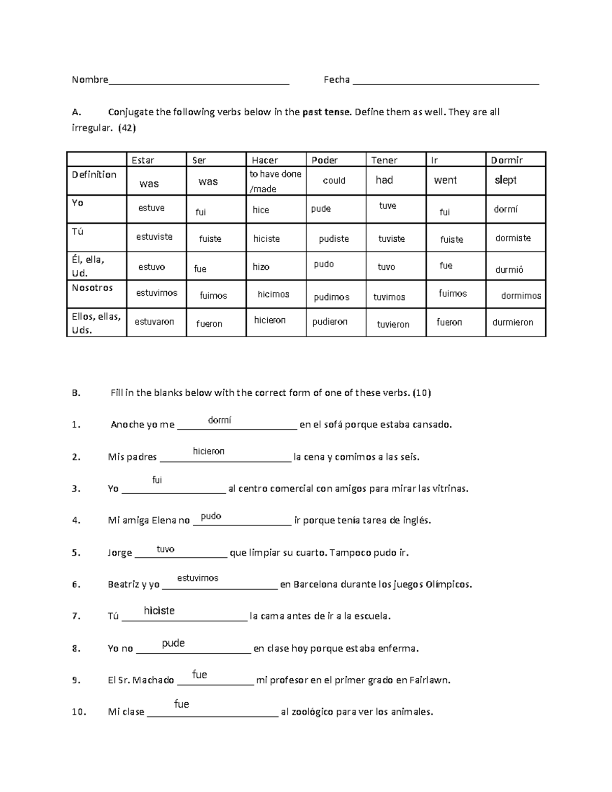 Irregular Past Tense Practice (Spanish 101) - Studocu