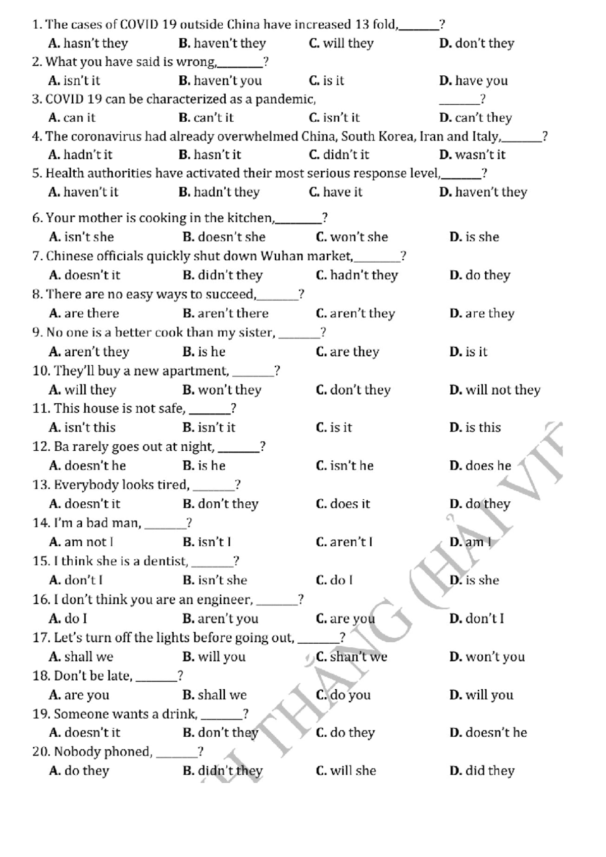 PRACTICE TEST: TAG QUESTIONS (ENG 101) - Studocu