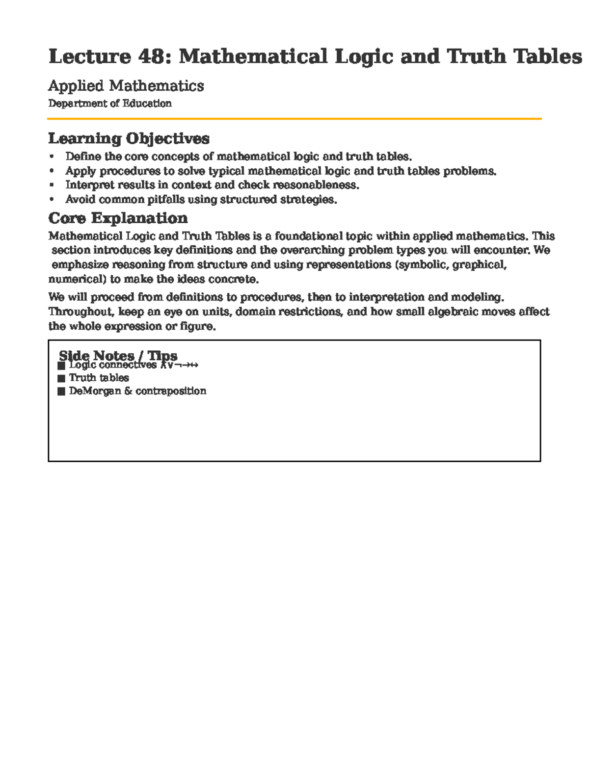 Lecture 48: Core Concepts of Mathematical Logic & Truth Tables - Studocu