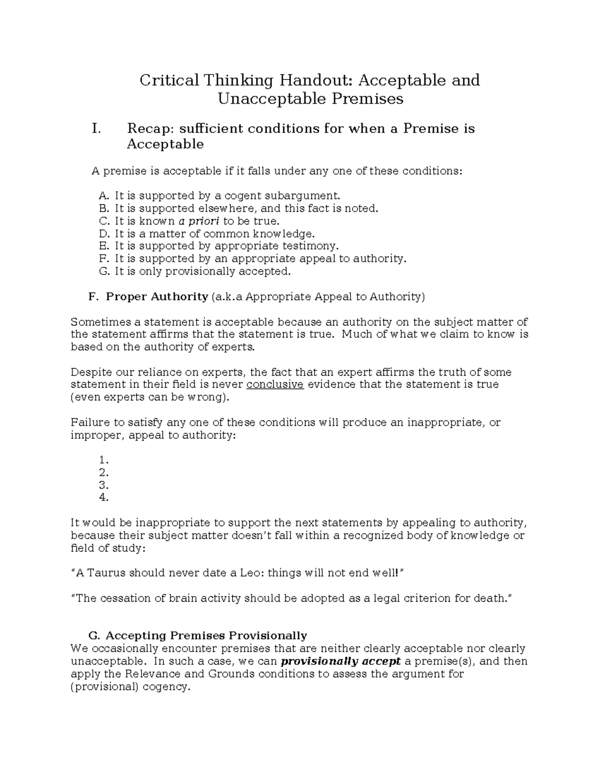 Critical Thinking Handout: Acceptable vs. Unacceptable Premises I - Studocu