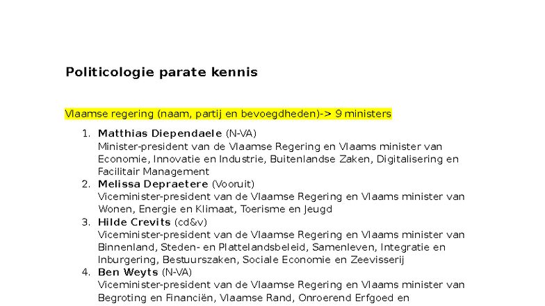 Parate Kennis Politicologie: Vlaamse en Federale Regering - Studocu