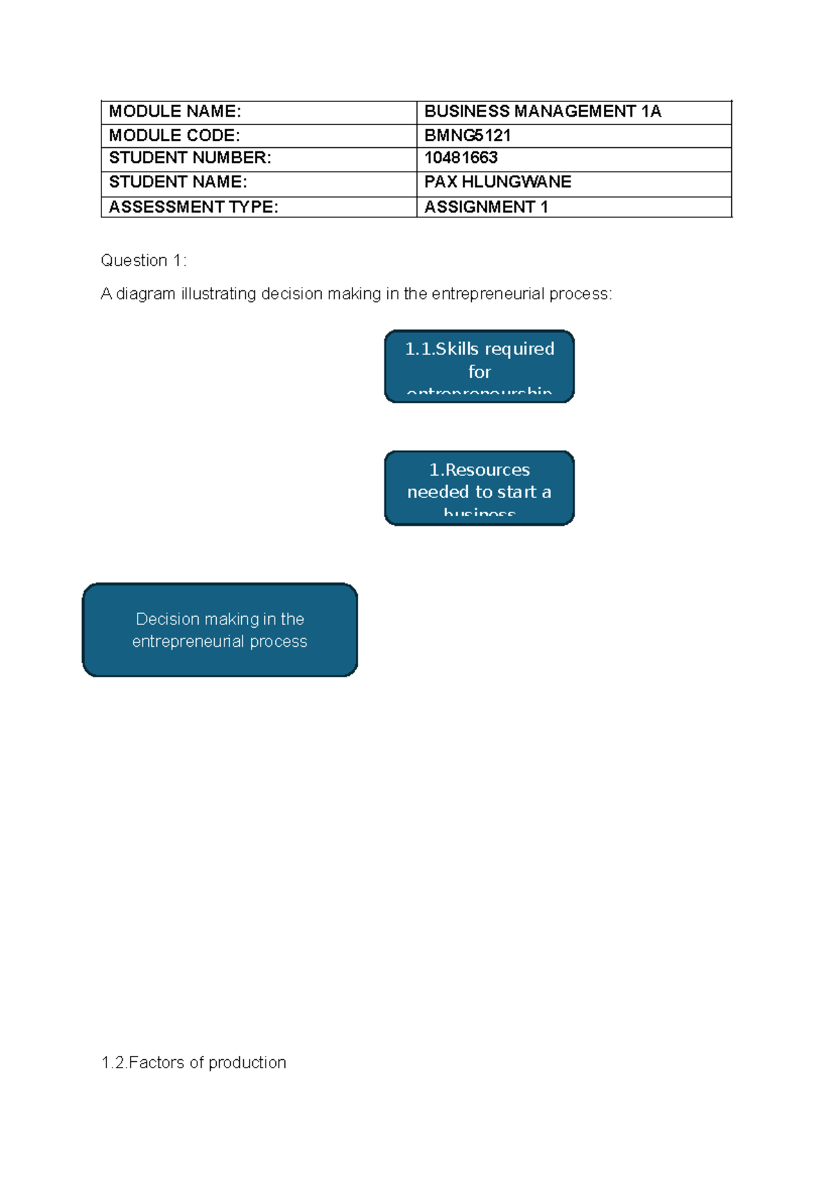 Business Management 1A (BMNG5121) Assignment: Entrepreneurial Decision ...