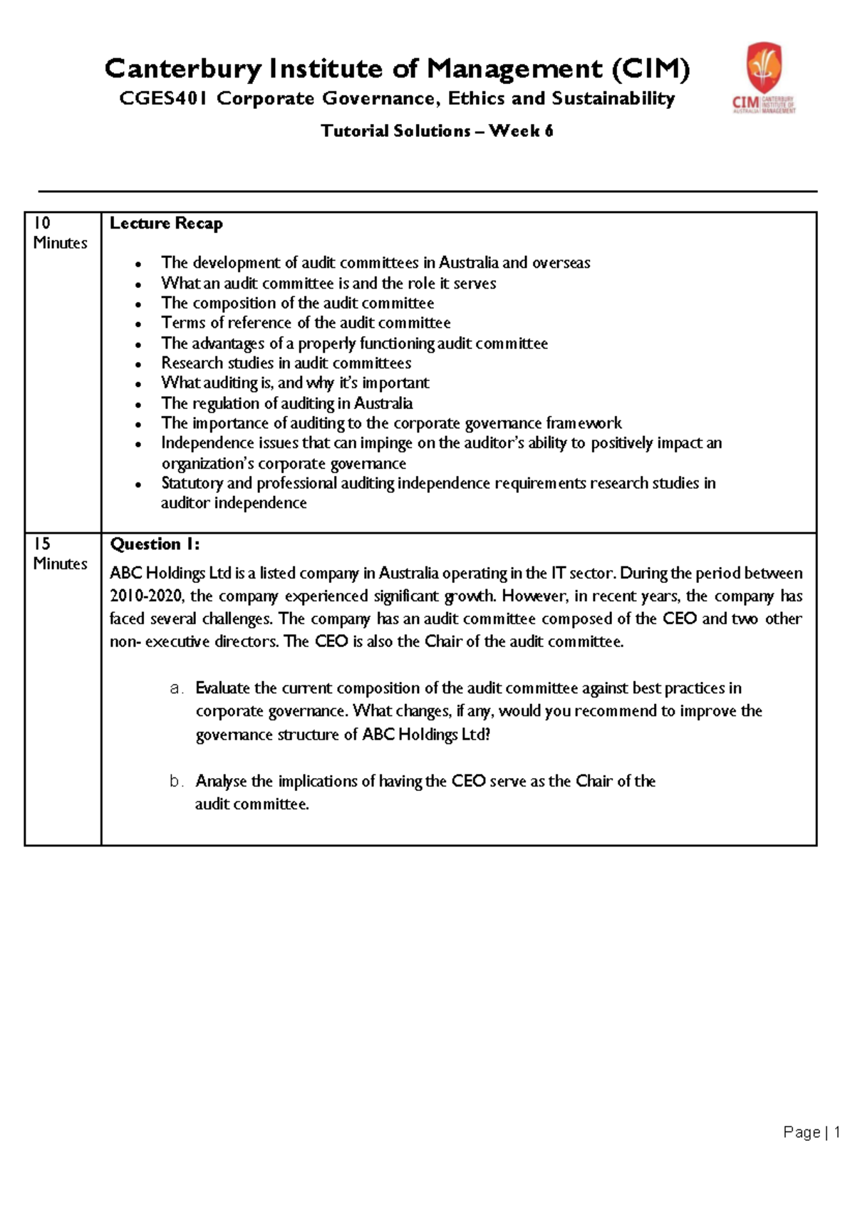 CGES401 Corporate Governance & Ethics Week 6 Tutorial Solutions - Studocu