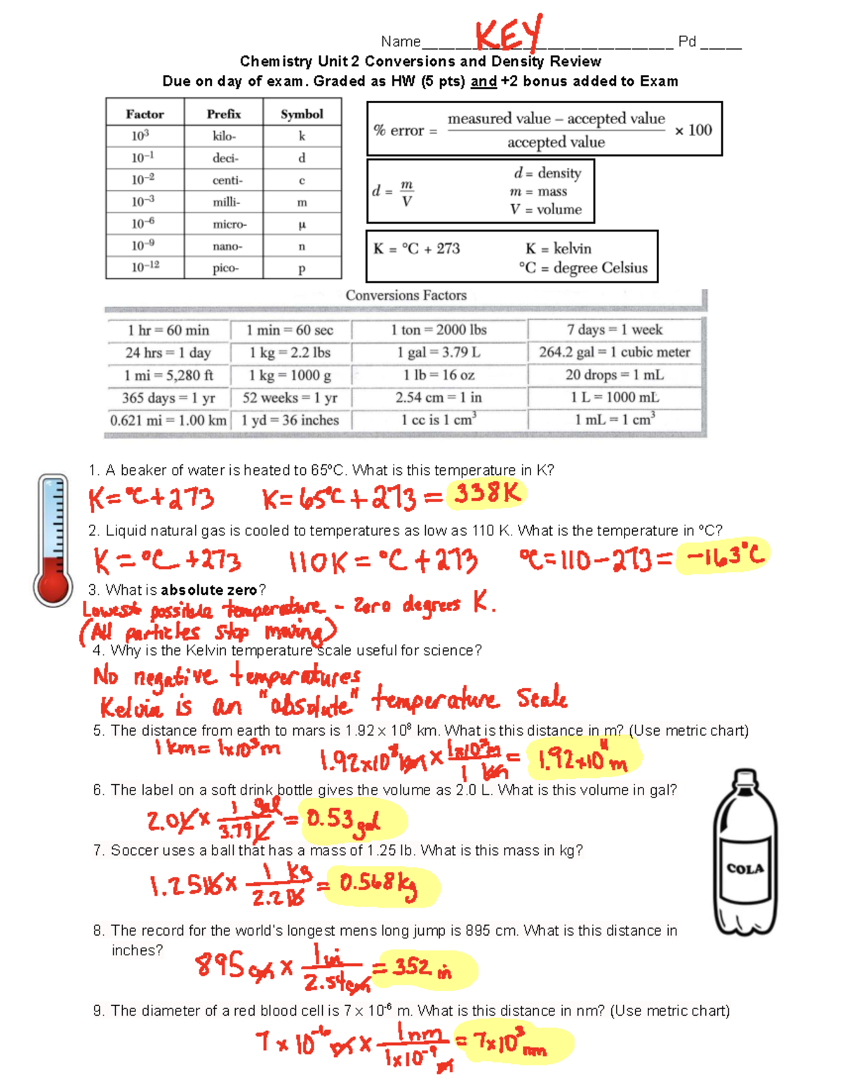 Chemistry Unit 2: Conversions & Density Exam Review (HW) - Studocu