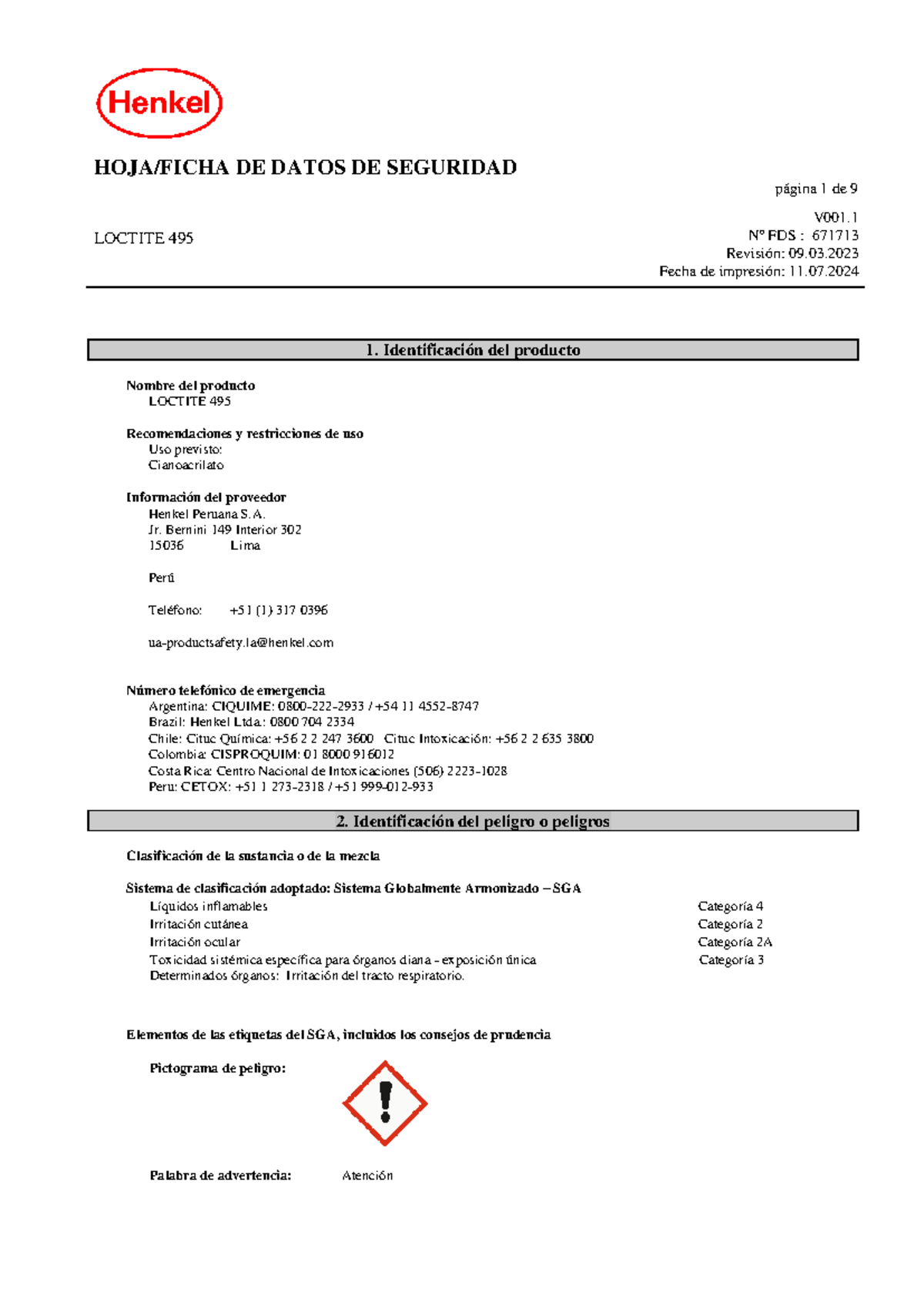 MSDS Loctite 495 V001.1: Seguridad y Manejo del Producto 2024 - Studocu