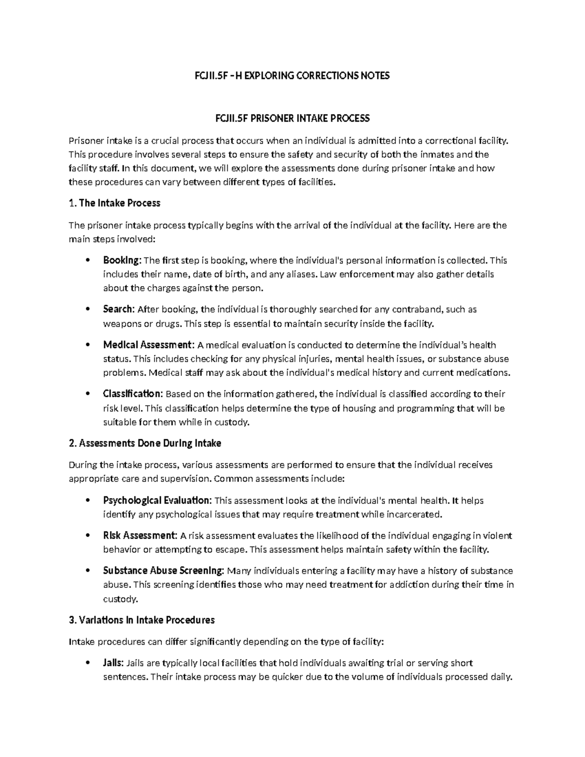 FCJII-H Exploring the Prisoner Intake Process and Rights Notes - Studocu