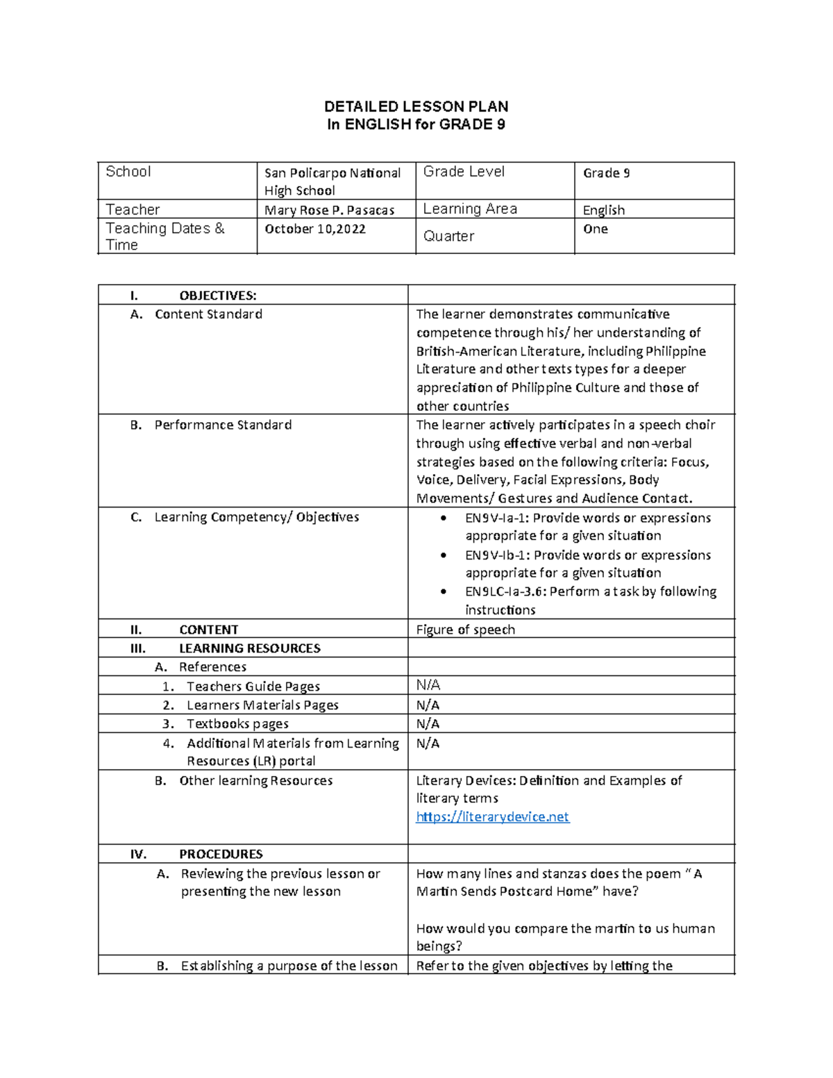 Grade 9 English Detailed Lesson Plan: Literary Devices & Activities ...
