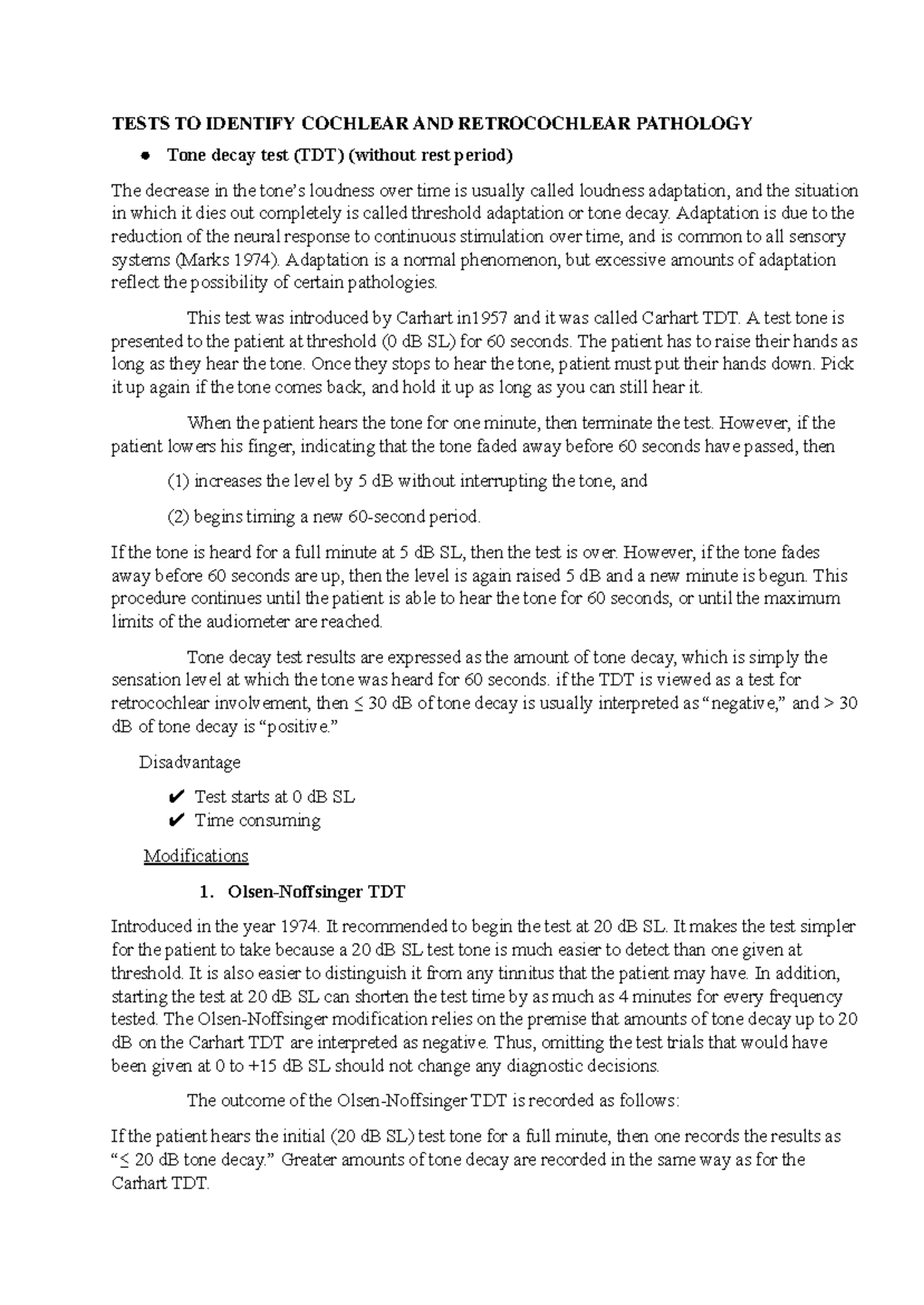 TDT - Cochlear & Retrocochlear Pathology Tests Overview - Studocu