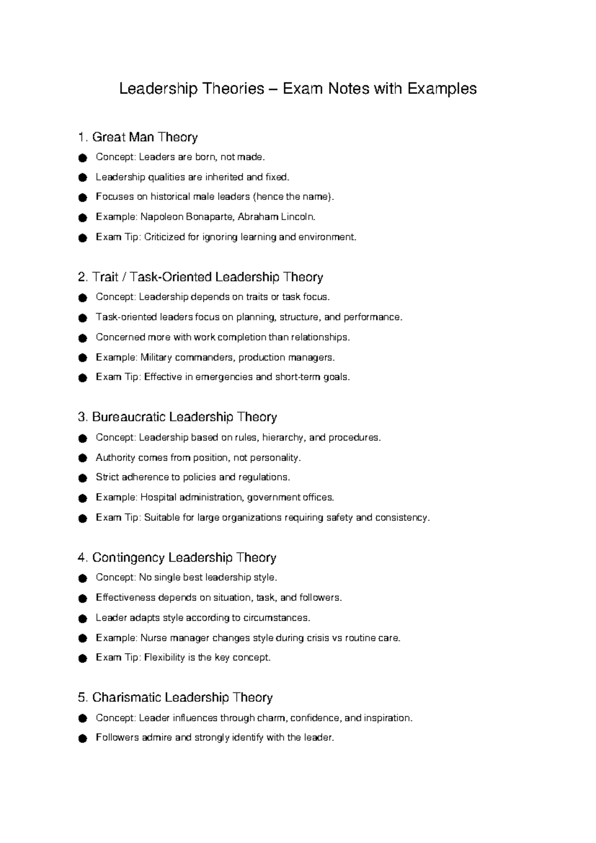 Leadership Theories Exam Notes: Key Concepts & Examples - Studocu