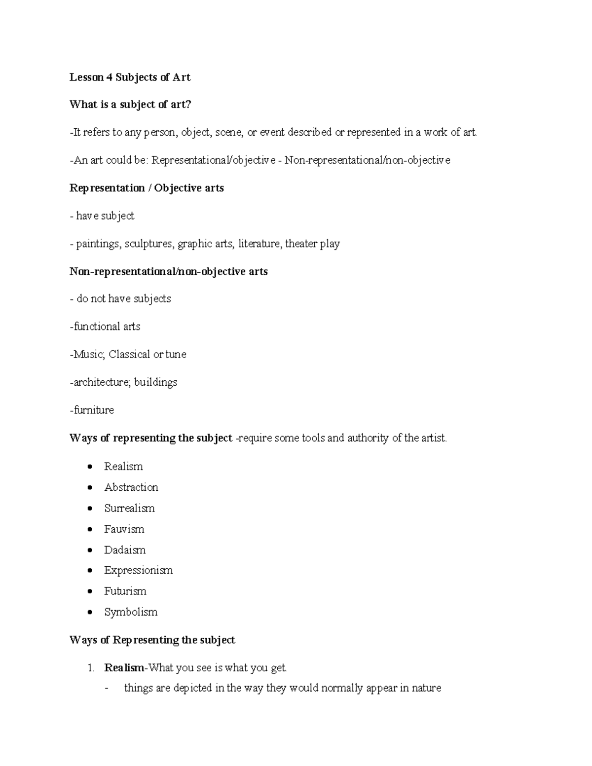 Unit 1 Lesson 4: Exploring Subjects in Art and Representation - Studocu