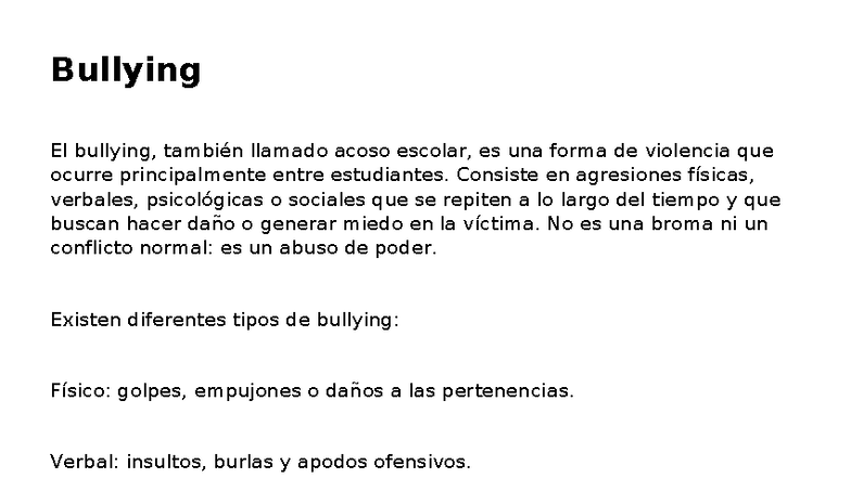 Bullying: Material de Clase sobre Acoso Escolar y sus Consecuencias ...