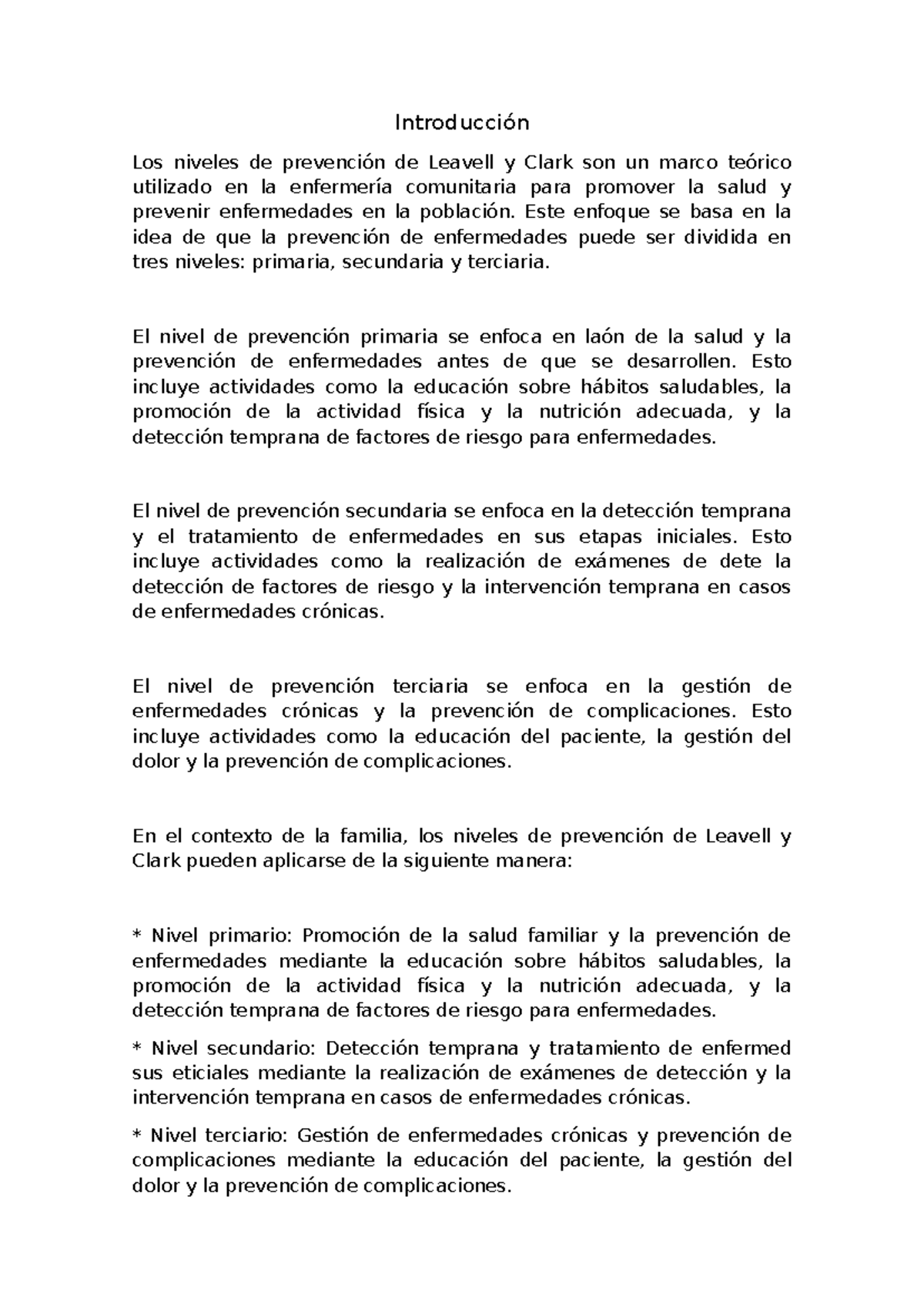 Niveles de Prevención de Leavell y Clark en la Salud Familiar - Studocu