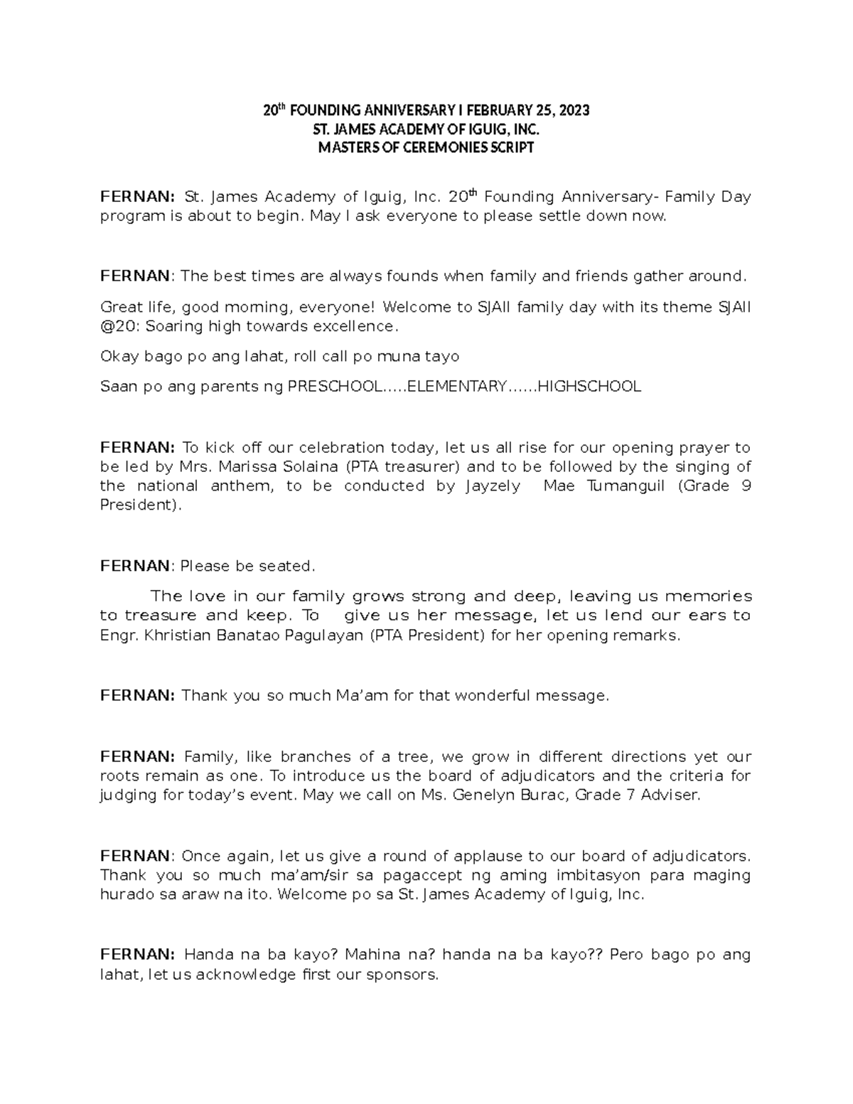 SJAII 20th Founding Anniversary Family Day Script - February 2023 - Studocu