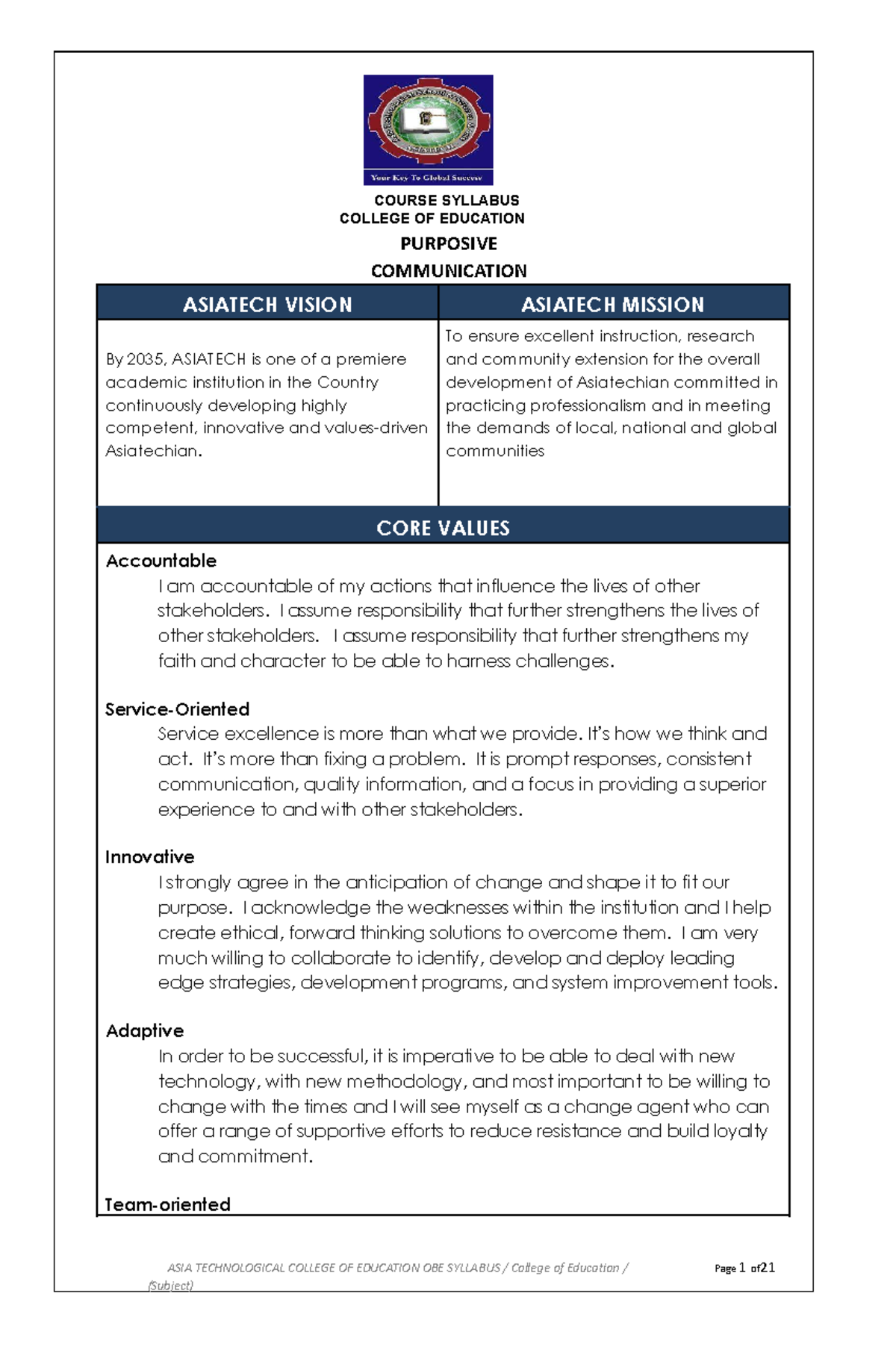 Course Syllabus: Purposive Communication (EDUC 2035) - Studocu