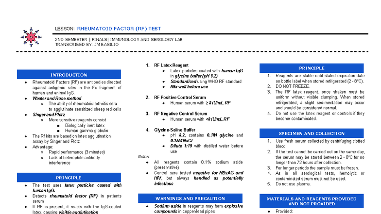 LESSON: RHEUMATOID FACTOR (RF) TEST - 2ND SEMESTER IMMUNOLOGY LAB - Studocu