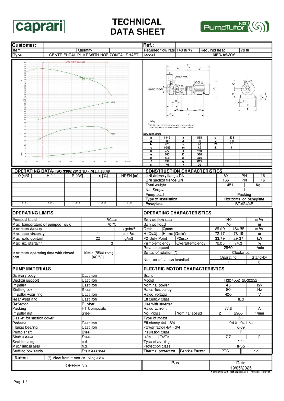 140m³/hr @ 70m Centrifugal Pump Technical Data Sheet - Studocu