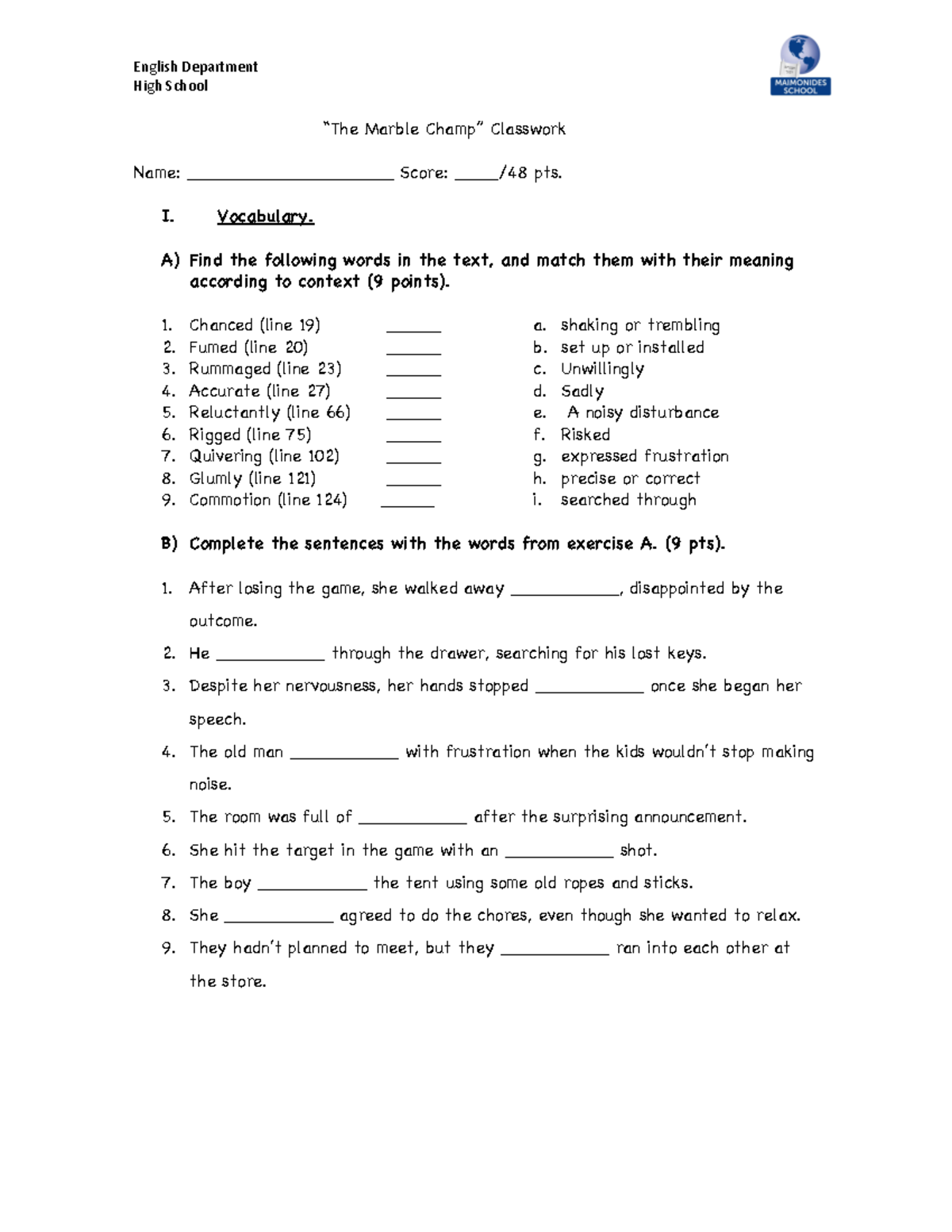 The Marble Champ Classwork Worksheet for High School Students - Studocu