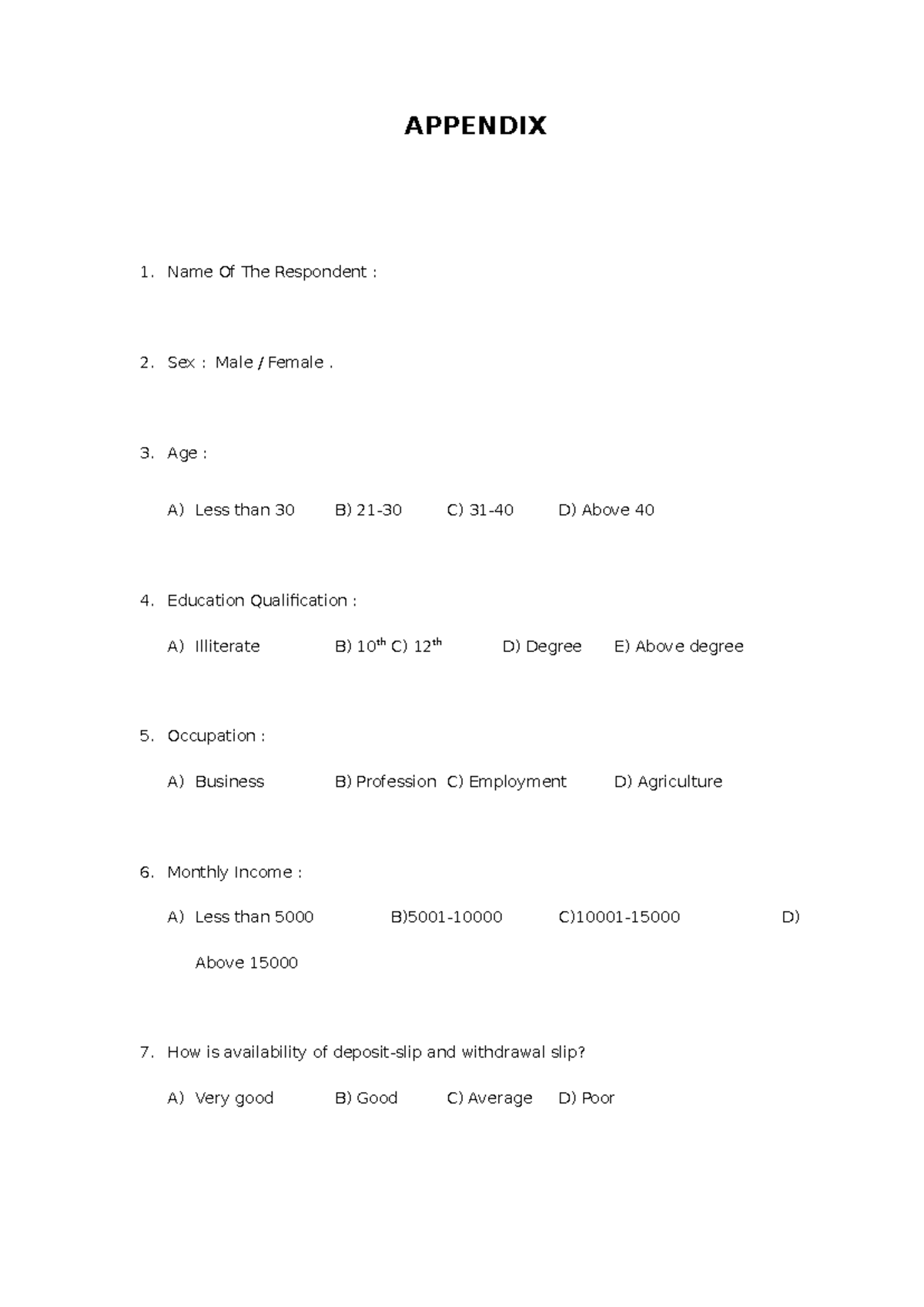 Appendix: Survey Questionnaire on Banking Services and Customer ...