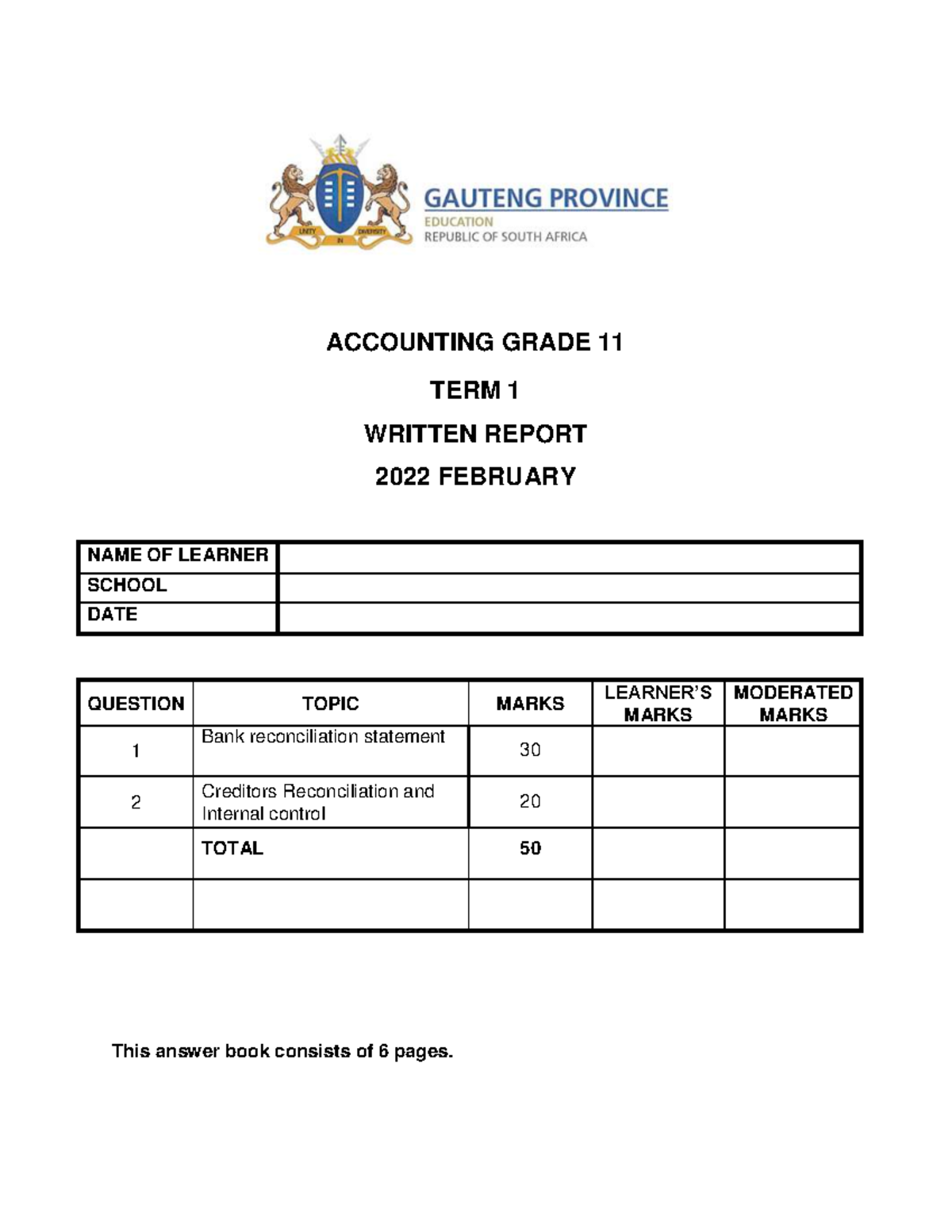 ACCOUNTING GRADE 11 TERM 1 WRITTEN REPORT 2022 - Studocu